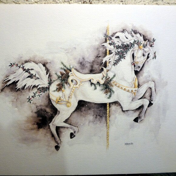 Art | Baumgardner Watercolor Christmas Holly Carousel Horse Painting ...